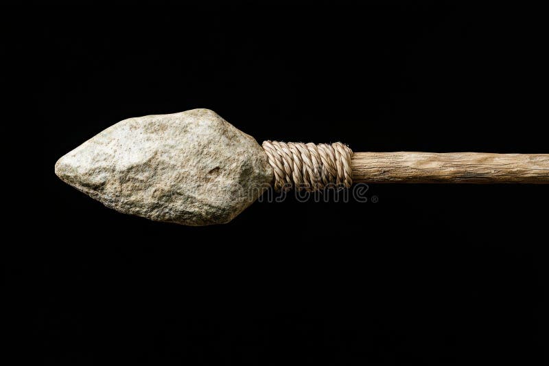 Primitive Stone Tool Tied with Rope on Black Background Stock ...