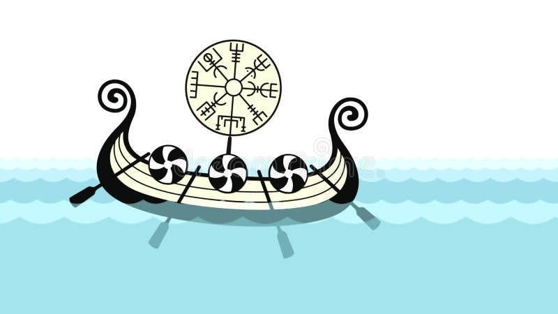 Primitive Stylized Viking Ship with a Compass Rune Sails on the Waves ...