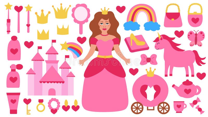 Set of Princess Pink Elements. Girl in Beautiful Dress. Vector Flat ...