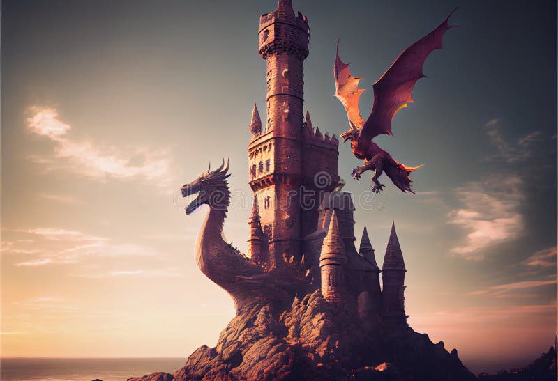 Princess in the Castle Tower. the Dragon Guards the Fortress Stock ...