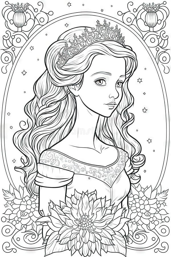 Princess Coloring Page for Adults Simple Cute Generative Art Stock ...