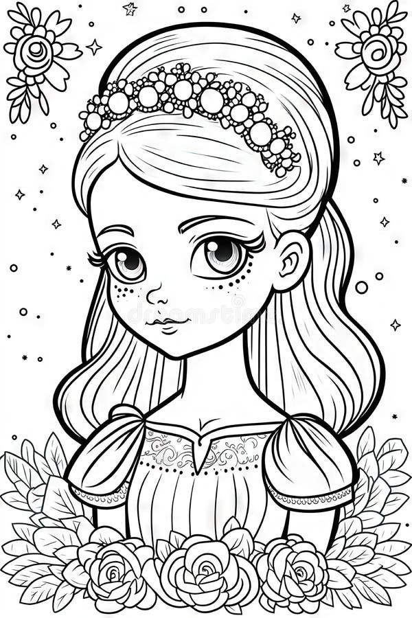 Princess Coloring Page for Adults Simple Cute Generative Art Stock ...