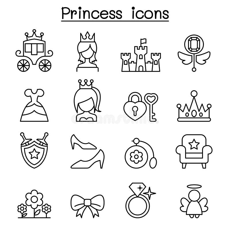 Princess Icon Set in Thin Line Style Stock Vector - Illustration of ...