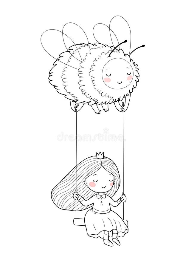 Princess on a Swing. Cute Cartoon Girl and Bees Stock Vector ...