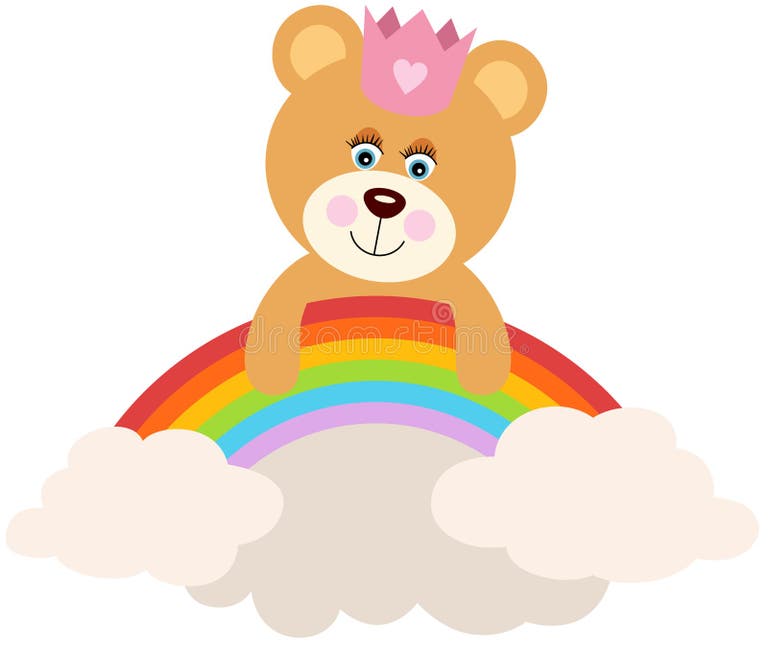 Princess Teddy Bear Hanging on Rainbow with Clouds Stock Vector ...