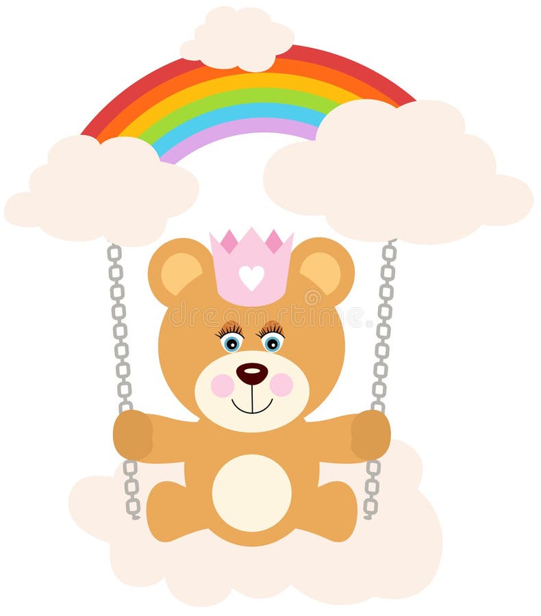 Princess Teddy Bear on Swing Made of Clouds and Rainbow Stock Vector ...