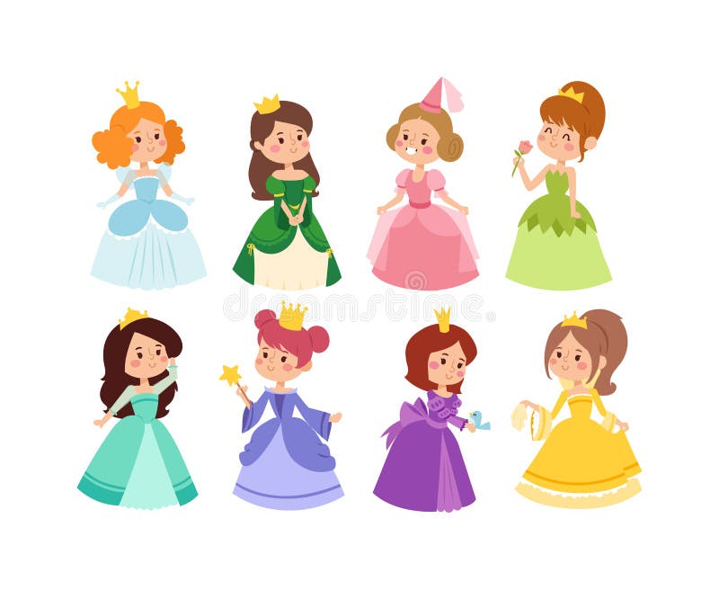 Cartoon Beautiful Princess Icons Set Stock Vector Illustration Of
