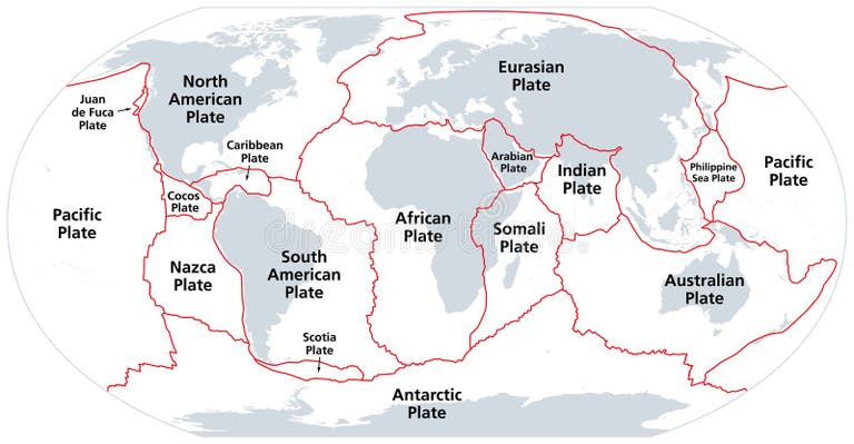 Principal Tectonic Plates, 16 Major Pieces of the Earth, Gray Map Stock ...