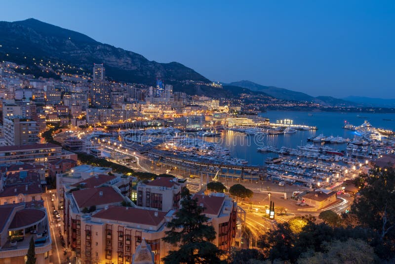 Monaco by night stock photo. Image of angle, light, elevated - 143787234