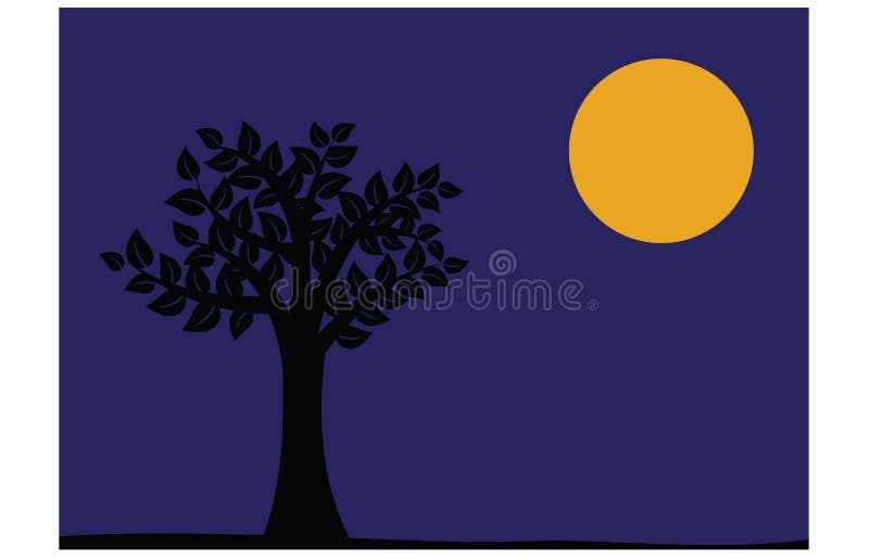Midnight Moon with Tree Silhouette Stock Illustration - Illustration of ...