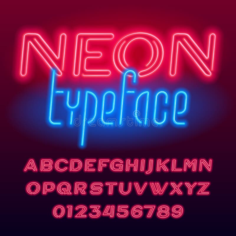 Neon Tube Alphabet Font. Neon Color Oblique Capital Letters and Numbers ...