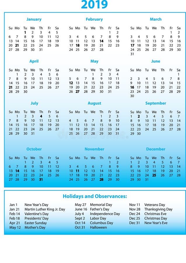 2019 Calendar Year on One Page Blue and Black Stock Illustration ...