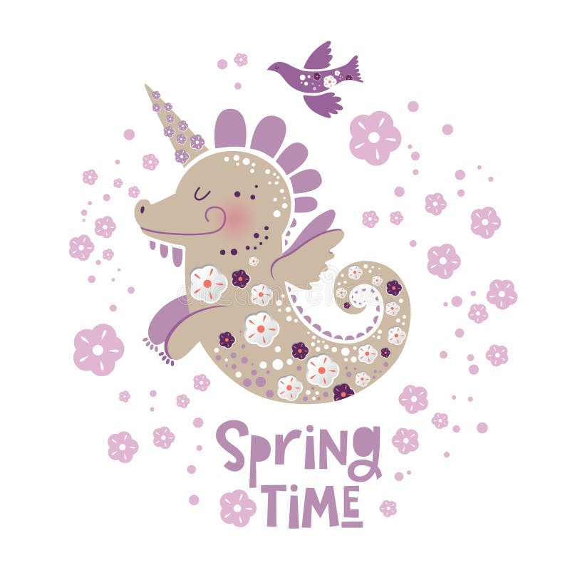 Illustration of Unicorn Dragon with Floral Decor and Text Spring Time ...