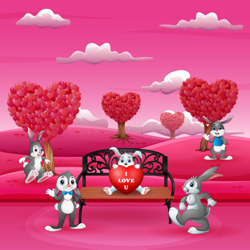 Cartoon a Group of Rabbit in the Beautiful Pink Field Stock Vector ...