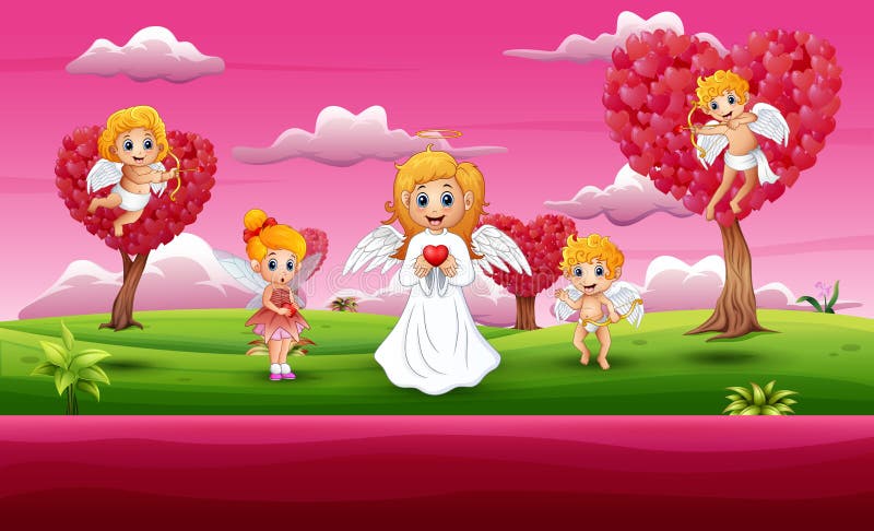 Cupid Family Cartoons in a Pink Garden Stock Vector - Illustration of ...
