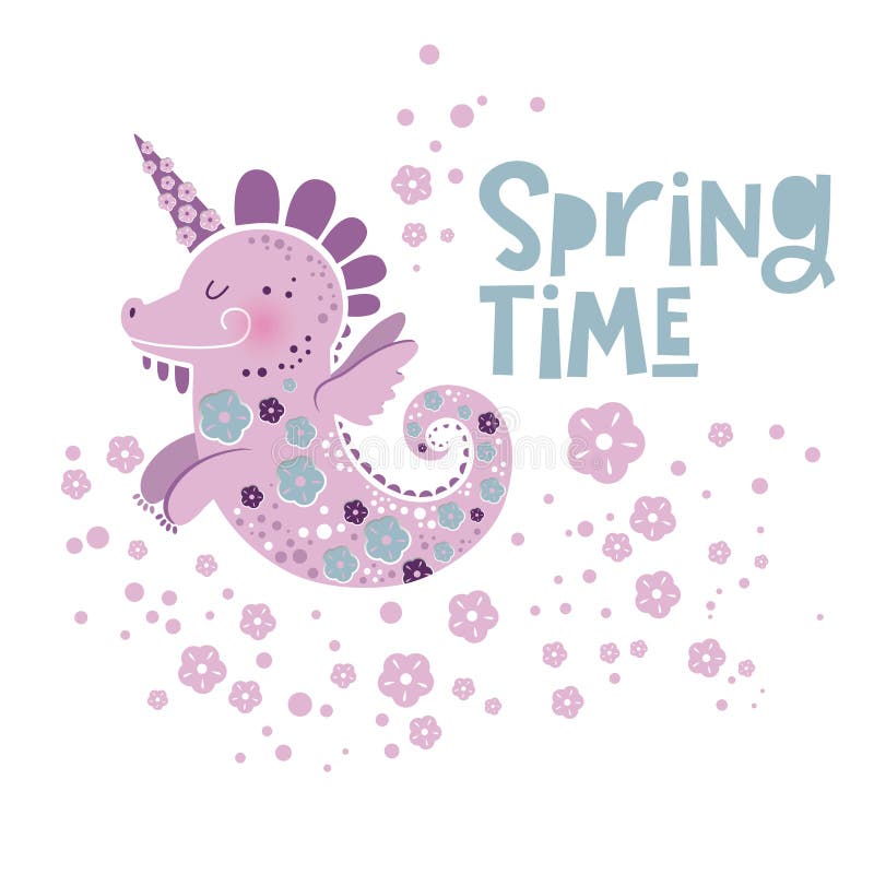 Illustration of Unicorn Dragon with Floral Decor and Text Spring Time ...