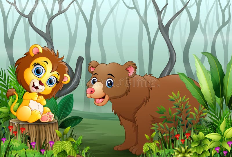Animals Cartoon in a Foggy Forest with Views of Dry Tree Branches Stock ...