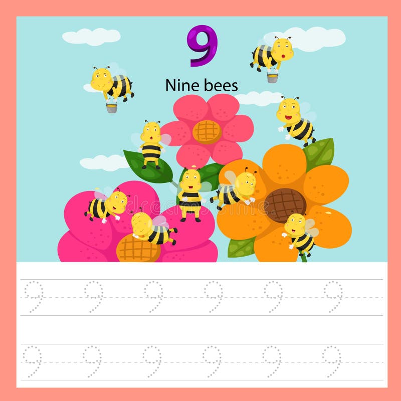 Illustrator of Worksheet Nine Bees Stock Vector - Illustration of printable, education: 137360962