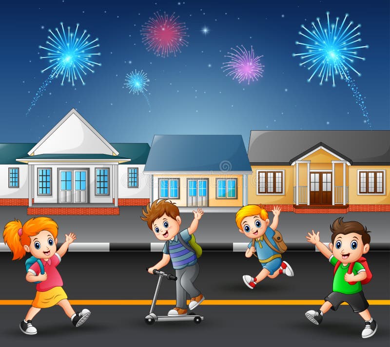 Kids Playing In The Street Of A Suburban Neighborhood Stock Vector ...