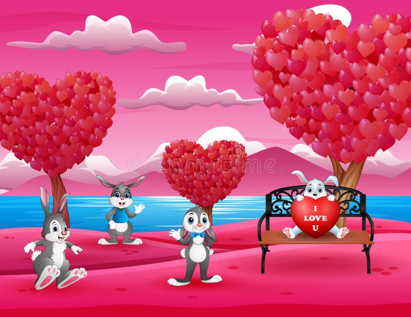 Cartoon a Group of Rabbit in the Beautiful Pink Garden Stock Vector ...