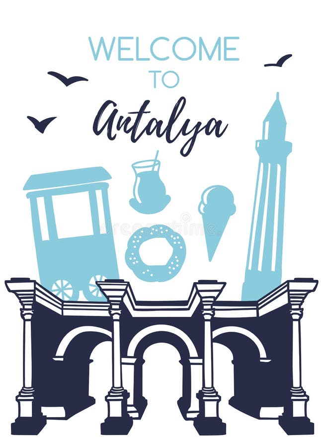 Welcome To Antalya. Modern Vector Illustration of Famous Symbols of the ...