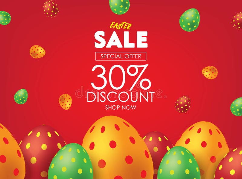 Red Easter Sale Poster or Flyer with Colorful Eggs. Advertising ...
