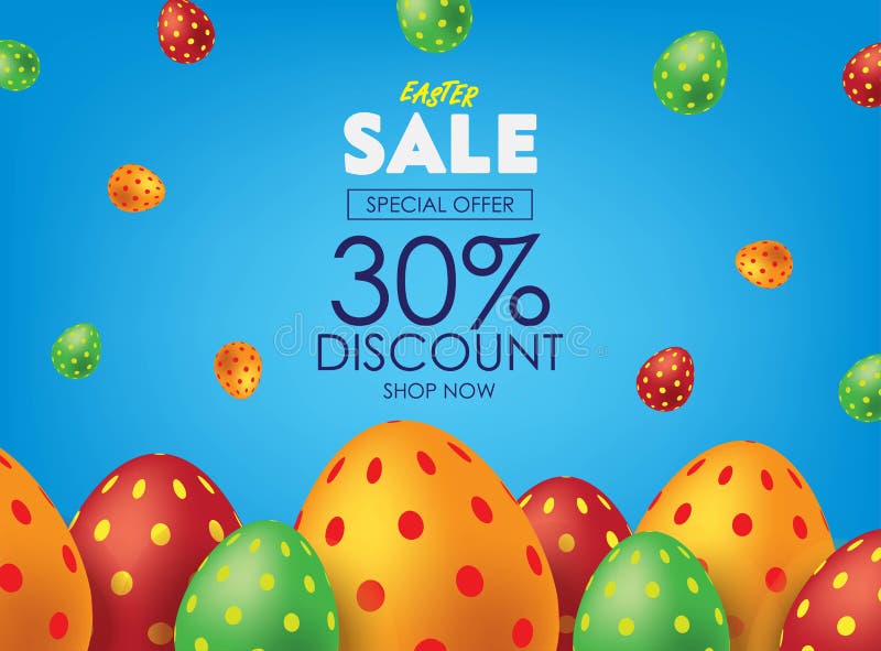 Blue Easter Sale Poster or Flyer with Colorful Eggs. Advertising ...