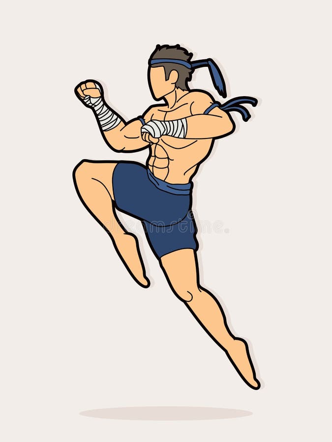 Muay Thai Fighting , Thai Boxing Jumping To Attack Cartoon Graphic ...