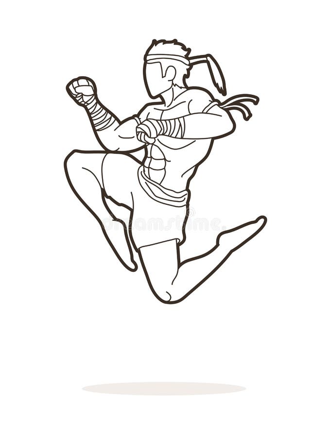 Muay Thai Fighting , Thai Boxing Jumping To Attack Cartoon Graphic ...