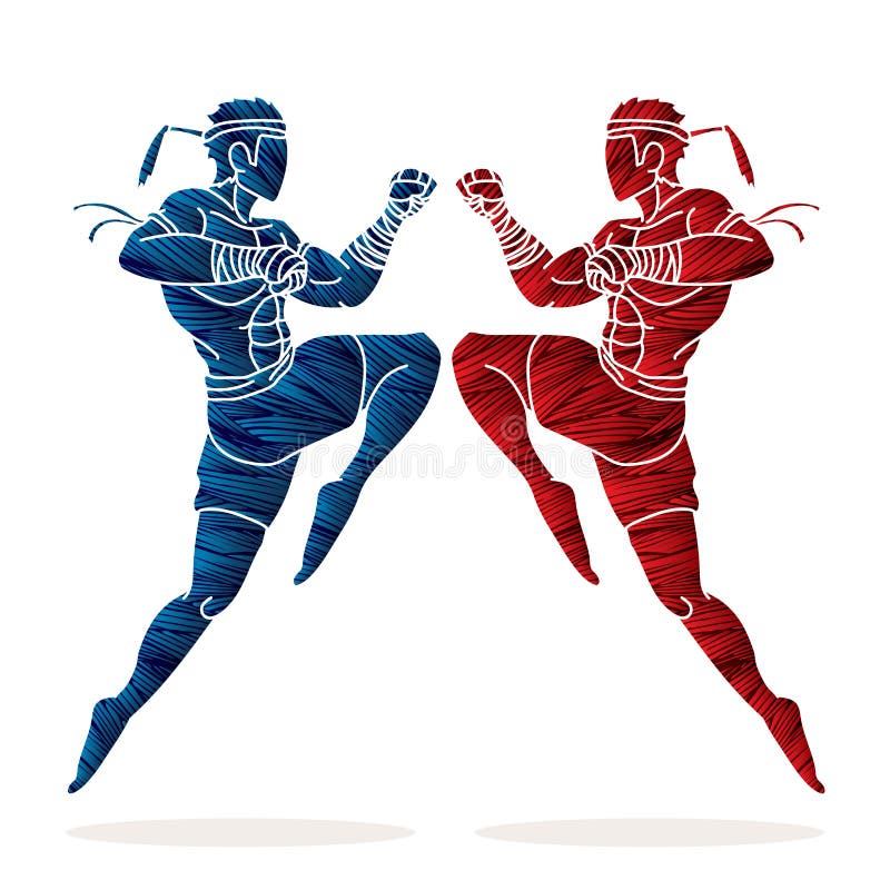 Muay Thai Action , Thai Boxing Jumping To Attack Cartoon Graphic Stock ...