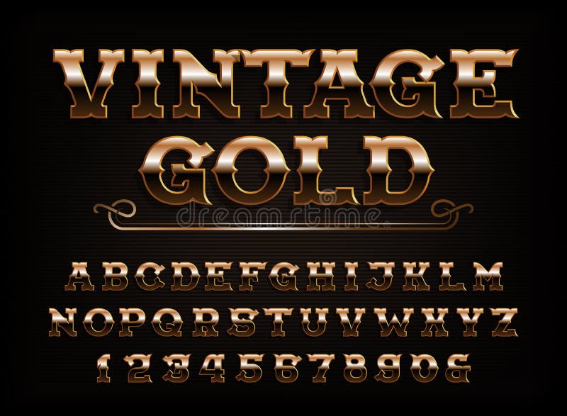 Vintage Gold Alphabet Font. Beveled Letters and Numbers Stock Vector ...