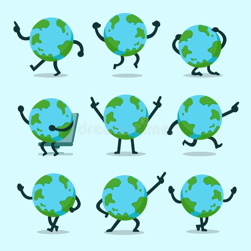 Vector Cartoon Earth Character Poses Set Stock Vector - Illustration of ...