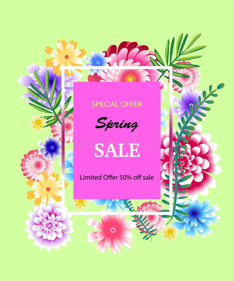 Spring Sale Banner Template with Paper Spring Flowers for Online Woman ...