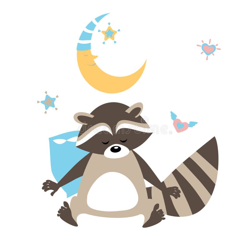 Little Baby Raccoon Asleep, Moon, Stars and Hearts Stock Illustration ...