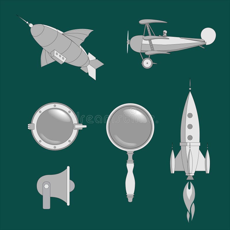 Isometric Steampunk Web Elements, Airship, Airplane, Porthole, Lens ...