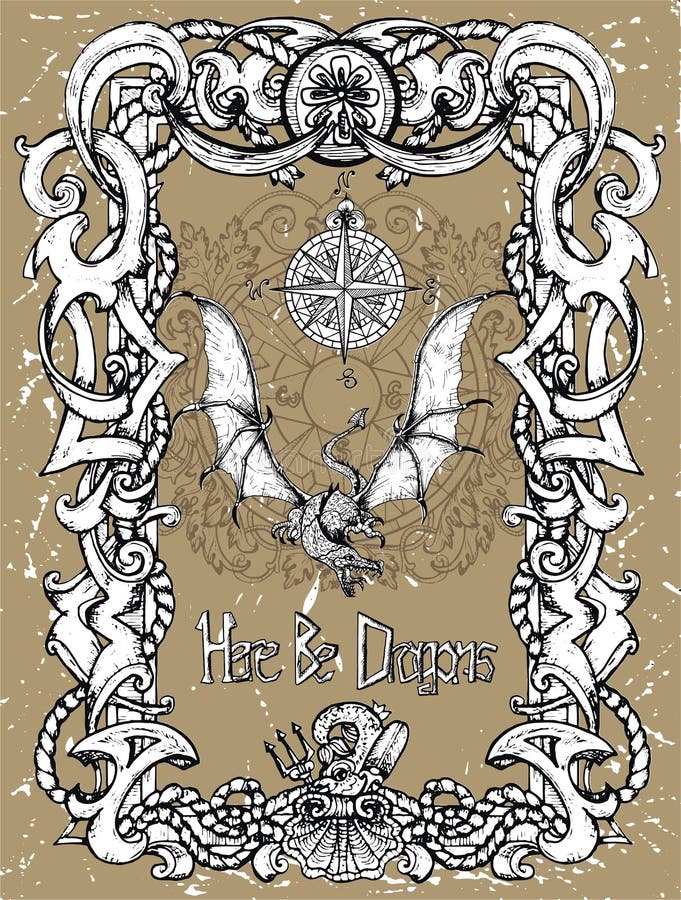 Epic Dragon with Wings and Compass in Old Sea Baroque Frame with ...