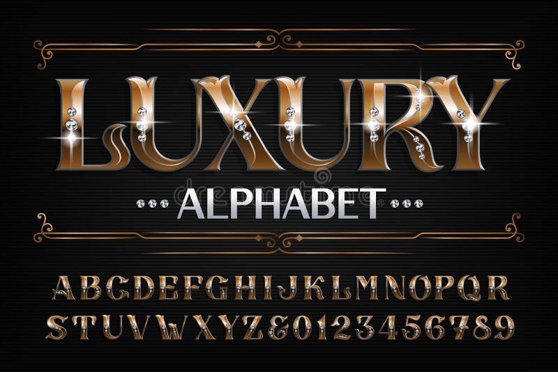 Luxury Alphabet Font. Ornate Golden Letters and Numbers with Diamond ...