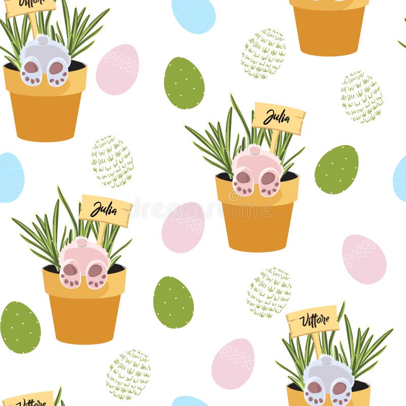 Spring Seamless Happy Easter Patterns with Green Twigs, Grasses, Eggs ...