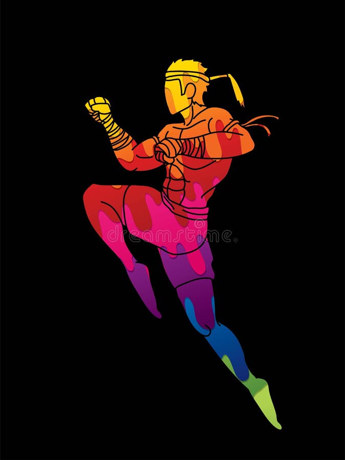 Muay Thai Action , Thai Boxing Jumping To Attack Kickboxing Cartoon ...