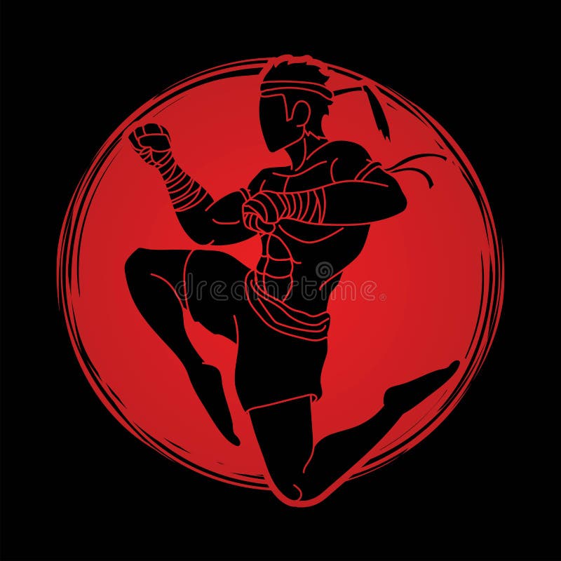 Muay Thai Fighting , Thai Boxing Jumping To Attack Cartoon Graphic ...