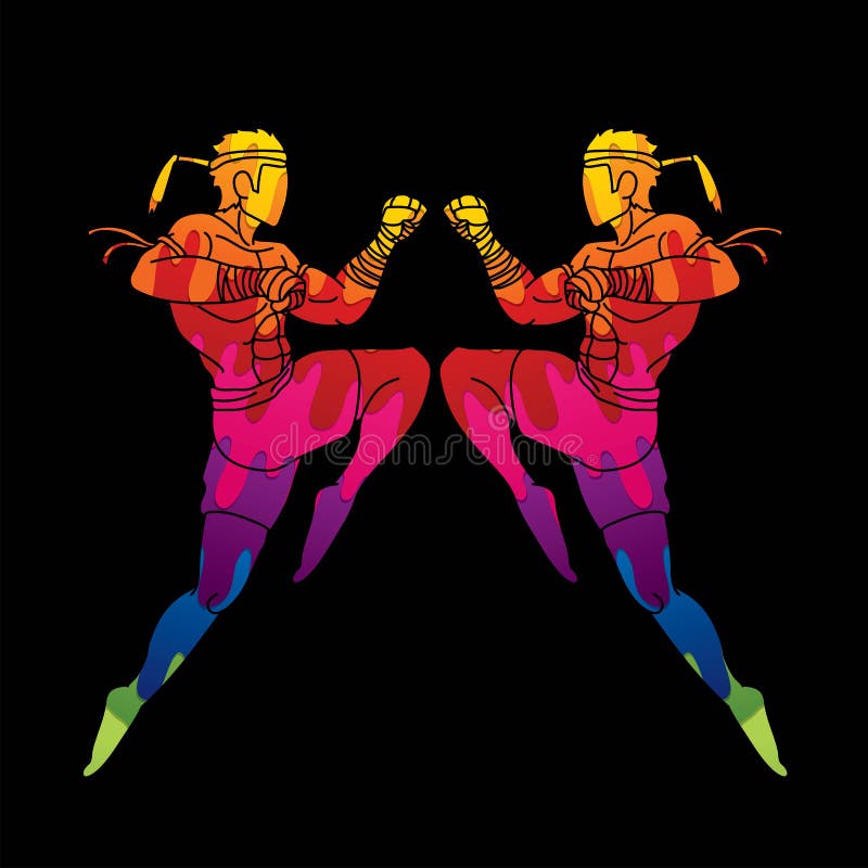 Muay Thai Action , Thai Boxing Jumping To Attack Cartoon Graphic Vector ...