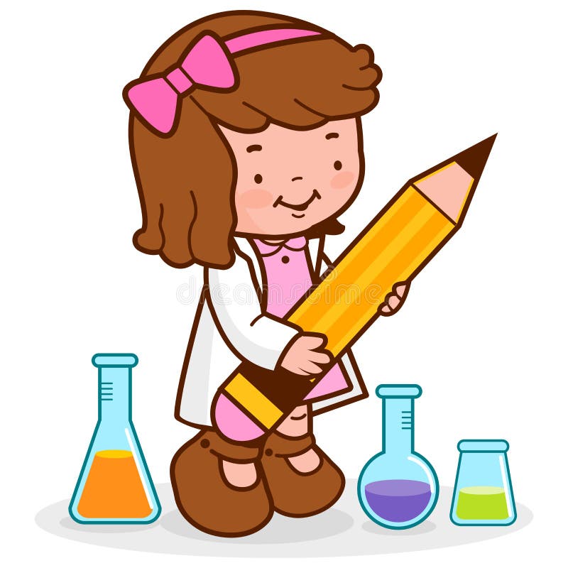 Girl at Science Class Holding a Big Pencil. Stock Vector - Illustration ...