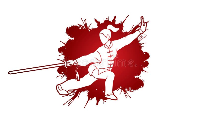 Woman with Sword Action, Kung Fu Pose Graphic Stock Vector ...