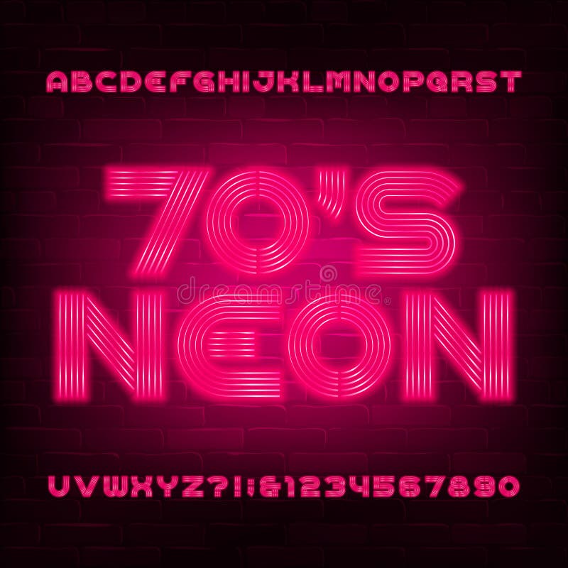 Red Neon Alphabet Font in 70s Style. Neon Color Light Bulb Letters and ...