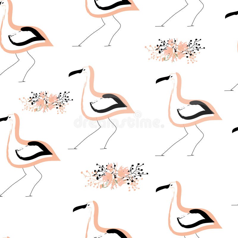 A Bright Pattern with Pink Birds and Tropical Leaves Stock Illustration ...