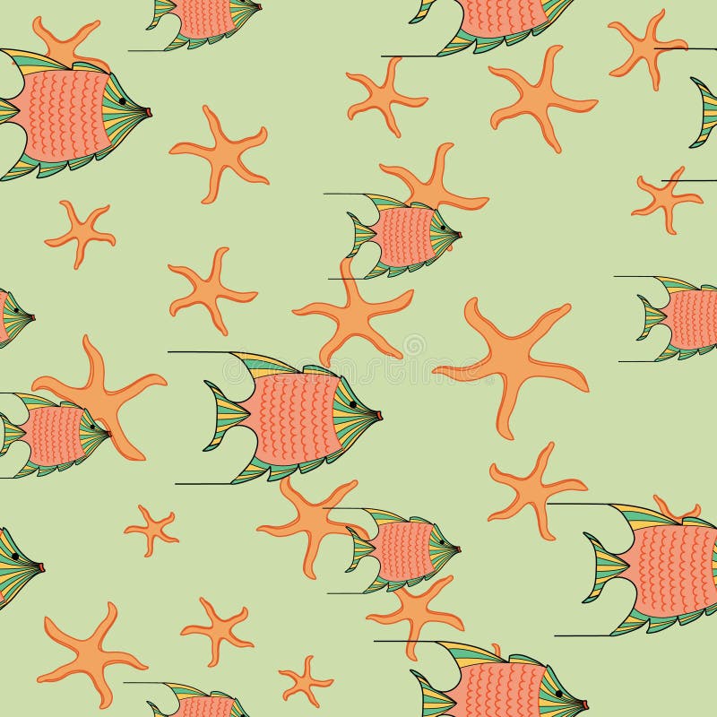Sea of Orange Fishes and Starfishes Stock Illustration - Illustration ...