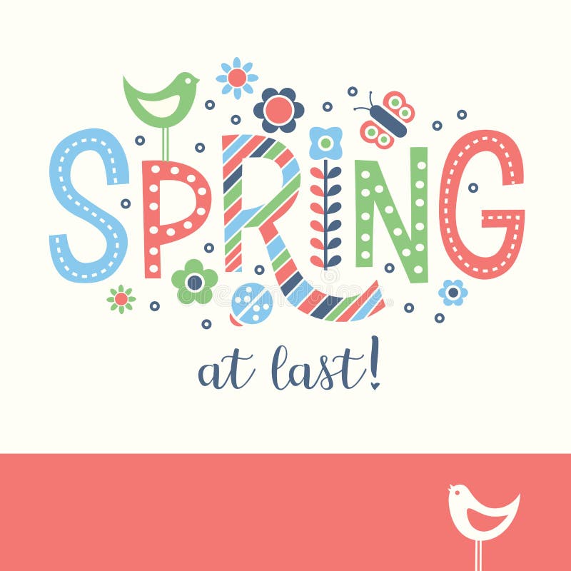 Spring Doodle Text Design with Birds, Flowers and Dots Stock Vector ...