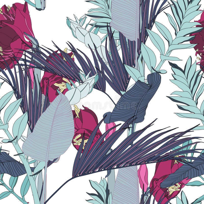 Fuchsia Line Lily Flowers with Exotic Blue Leaves, Light Background ...