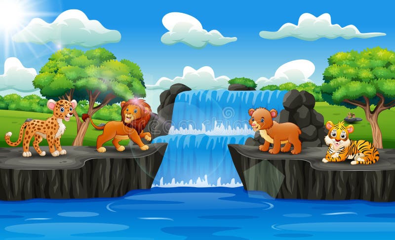 Cute Animals with Waterfall Landscape Stock Vector - Illustration of ...