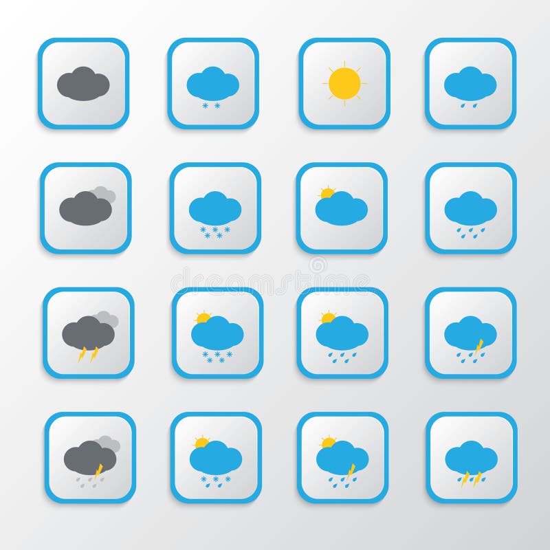 Set of Weather Icons on Blue Button, Signs and Symbols Vector Stock ...